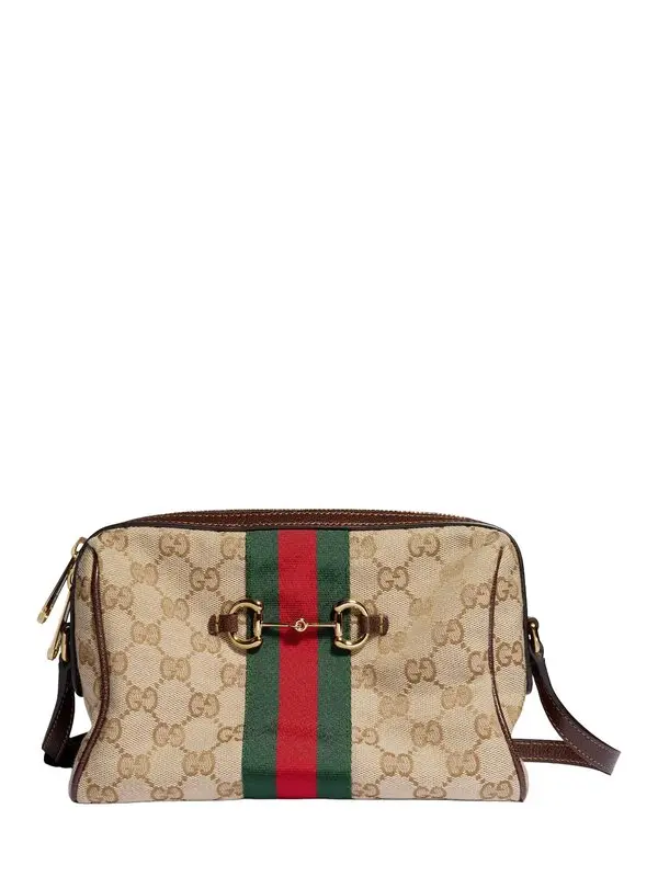 Gucci Camera Bag Gg Fabric Crossbody Bag With Metal Horsebit - Cream