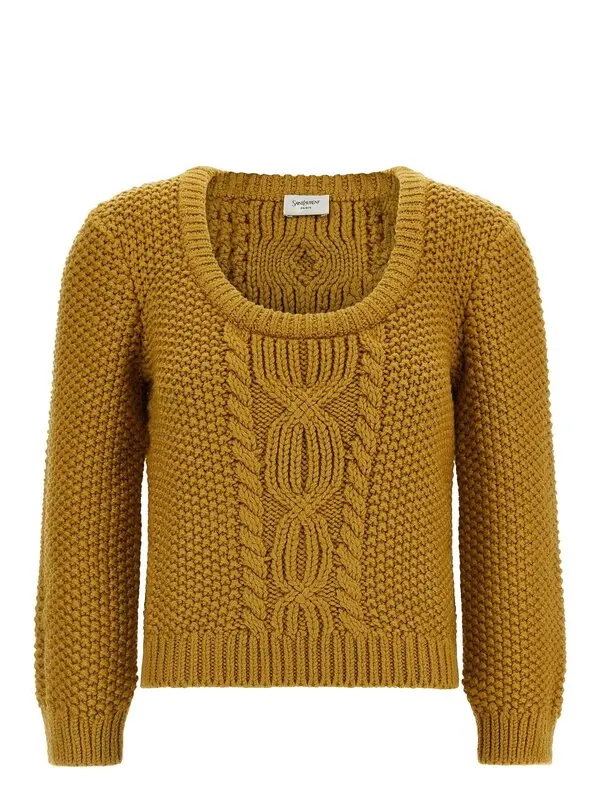 Saint Laurent Wool Braided Sweater With 3/4 Sleeves - Yellow