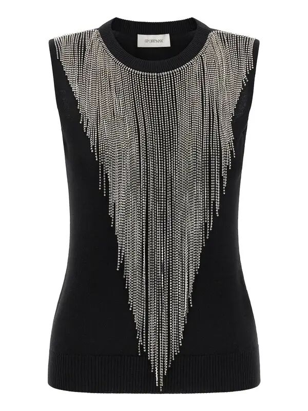 Sportmax Spxcrine Crystal-fringed Virgin Wool Top - Black