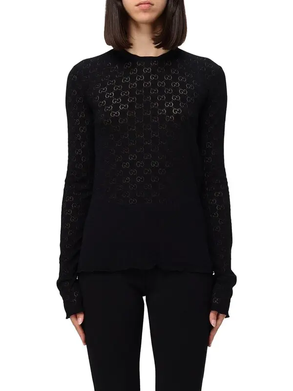 Gucci Sheer Gg Monogram Crêpe Top With Long Sleeves - Black