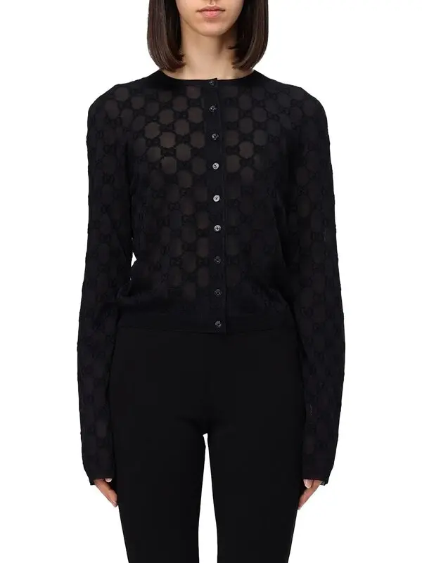 Gucci Slim Fit Crêpe Cardigan With Gg Monogram And Crew Neck - Black