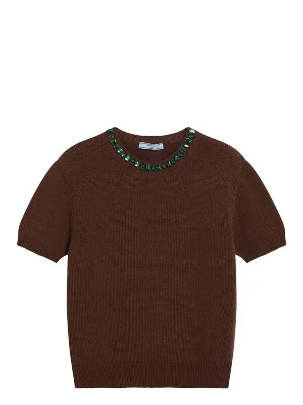 Prada Crew Neck Sweater In Virgin Wool And Cashmere With Applied Rhinestones - Brown