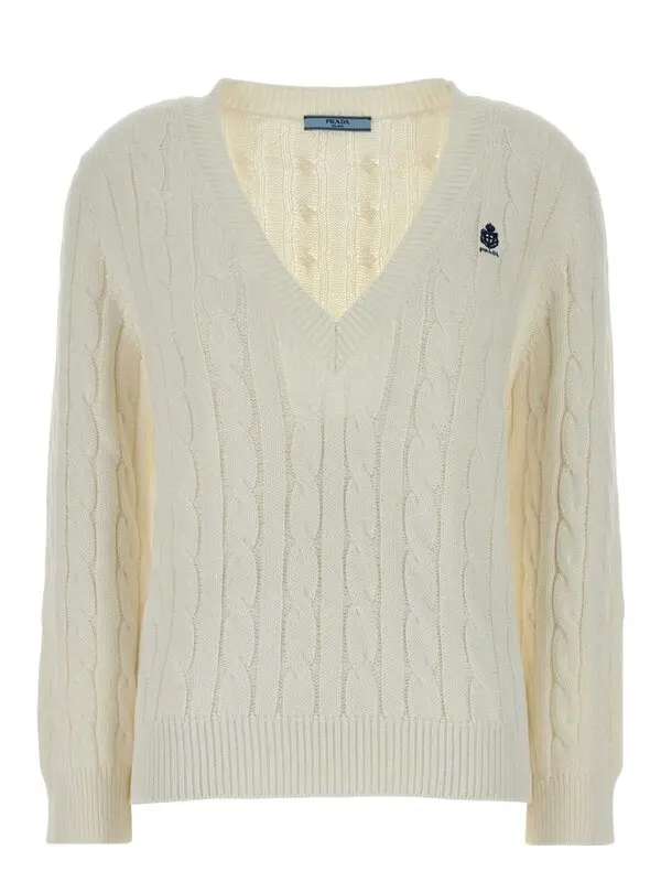 Prada Cotton V-neck Sweater - White