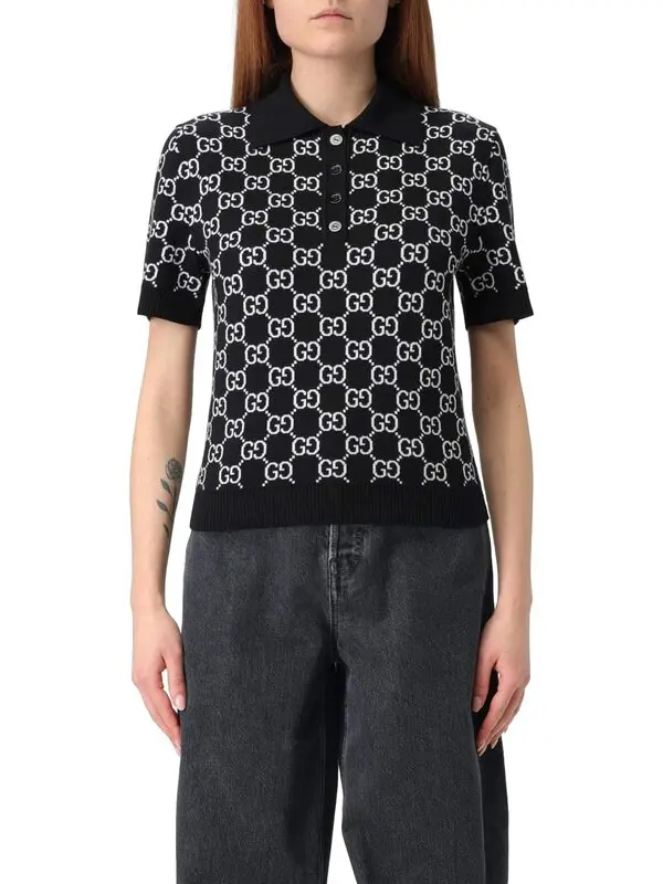 Gucci Jacquard Monogram Knit Polo Shirt - Black