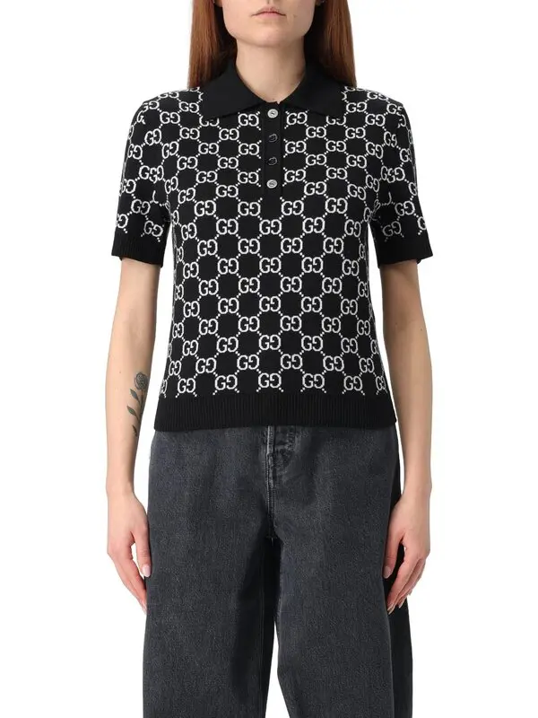 Gucci Jacquard Monogram Knit Polo Shirt - Black