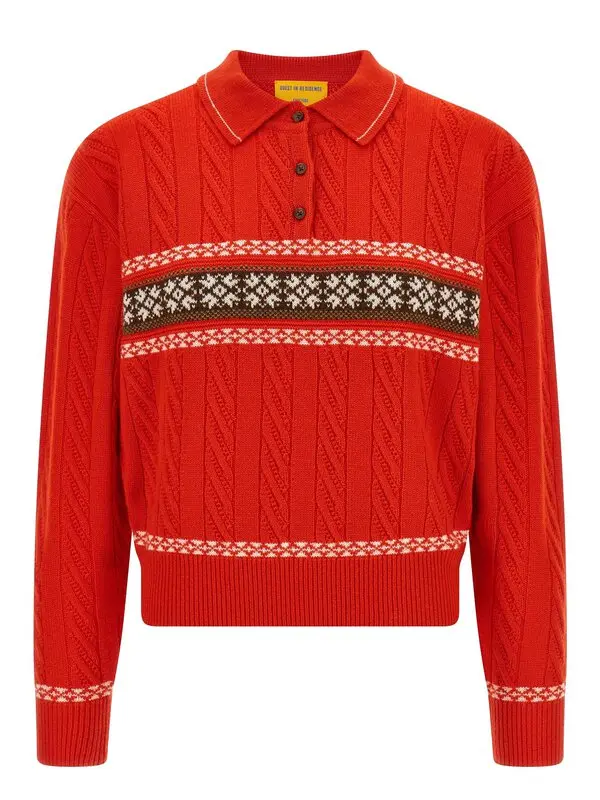 Guest In Residence Cable Collegiate Polo Sweater - Red
