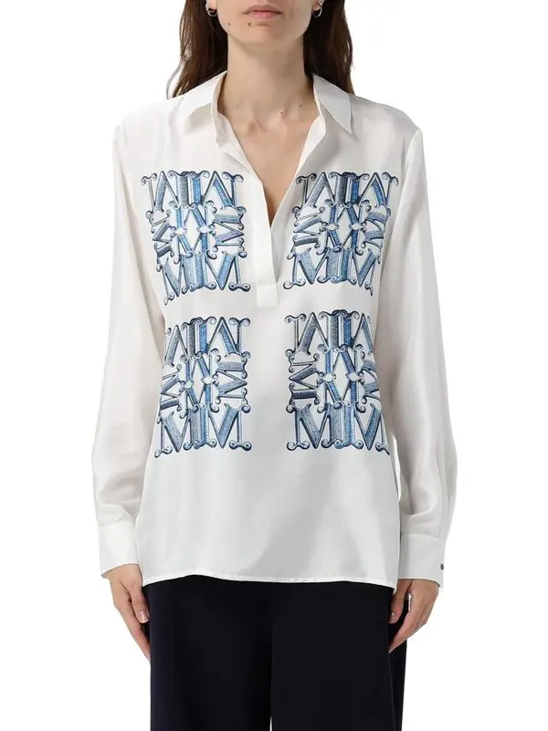 Max Mara Monogram Print Silk Shirt With Classic Collar - White