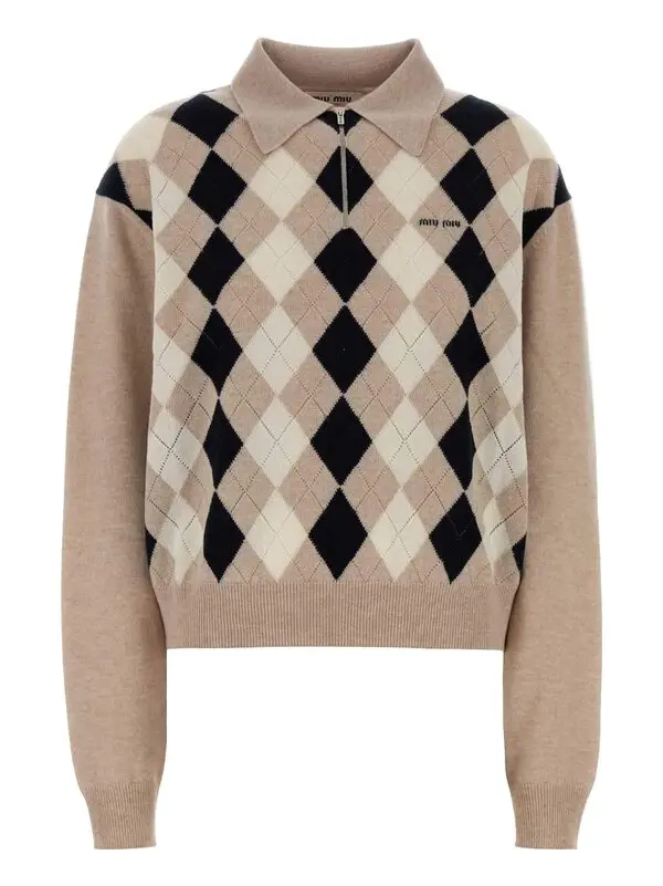 Miu Miu Cashmere Argyle Polo Shirt - Brown