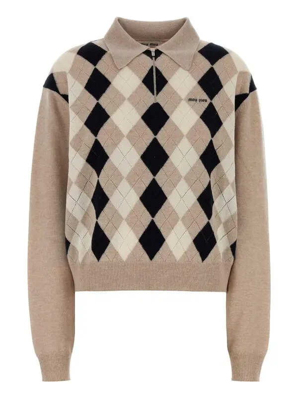 Miu Miu Cashmere Argyle Polo Shirt - Brown