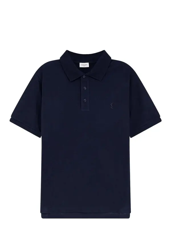Saint Laurent Pique Cotton Polo Shirt With Cassandre Embroidery - Blue