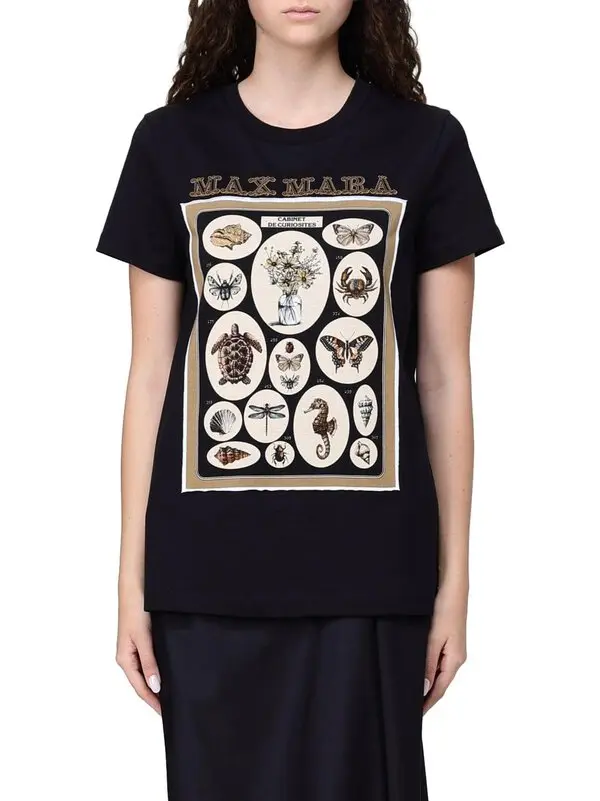 Max Mara Crewneck Cotton T-shirt With Contrasting Graphic Logo Print - Black