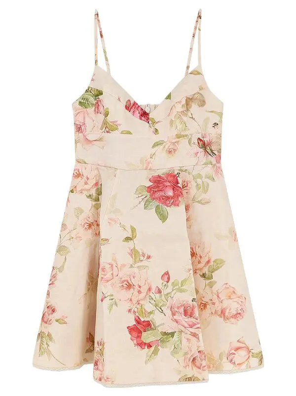 Zimmermann Roselight Short Linen Dress With Floral Print - Cream