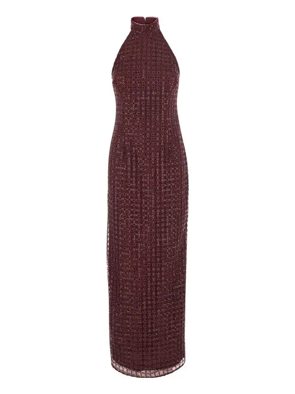 ROTATE BY BIRGER CHRISTENSEN Bordeaux Long Sleeveless Dress With Halterneck And All-over Sequins In Tech Fabric For - Multicolor