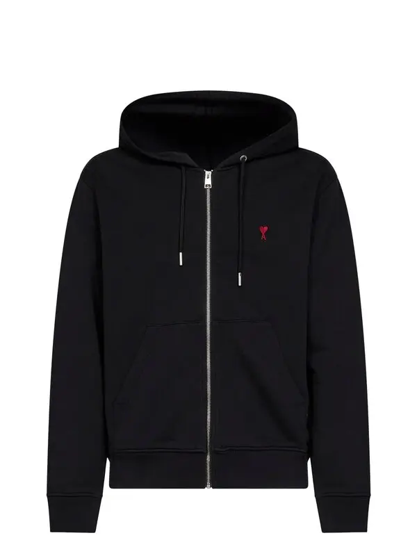 AMI Paris Black Cotton De Cœur Zip-up Hoodie - Multicolor