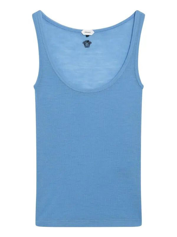 Versace Wool Tank Top With Logo Embroidery - Blue