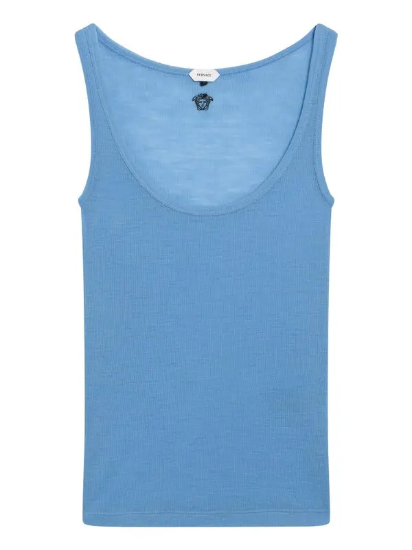 Versace Wool Tank Top With Logo Embroidery - Blue