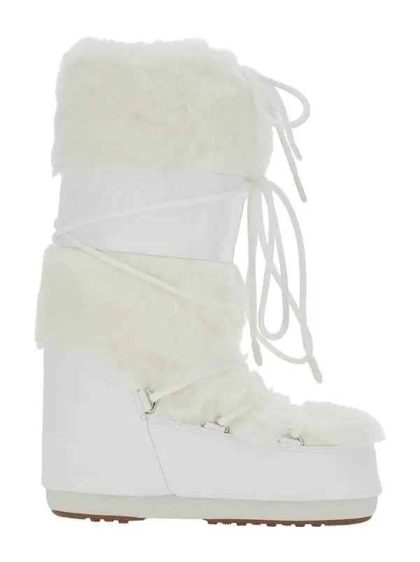 Moon Boot Icon Fur' White Snow Boots With Maxi Logo Print On The Side And Eco-fur Details In Tech Fabric - Multicolor