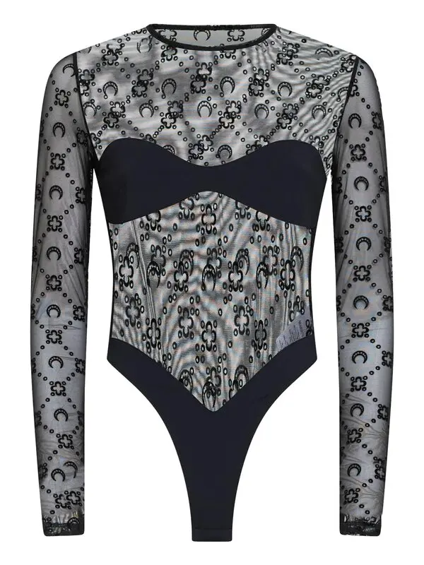 MARINE SERRE Black Flocked Monogram Mesh Bodysuit - Multicolor