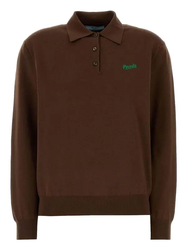 Prada Long-sleeved Polo Shirt In Recycled Silk Blend - Brown