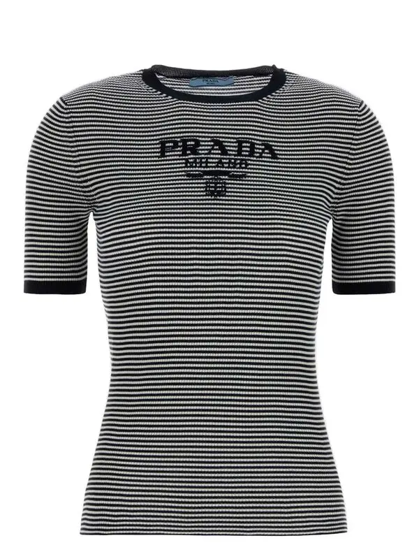Prada Striped Recycled Silk Crew Neck Sweater With Logo - Blue