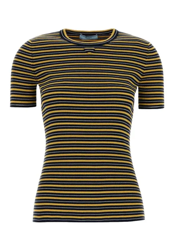 Prada Striped Stretch Cotton Blend T-shirt - Blue