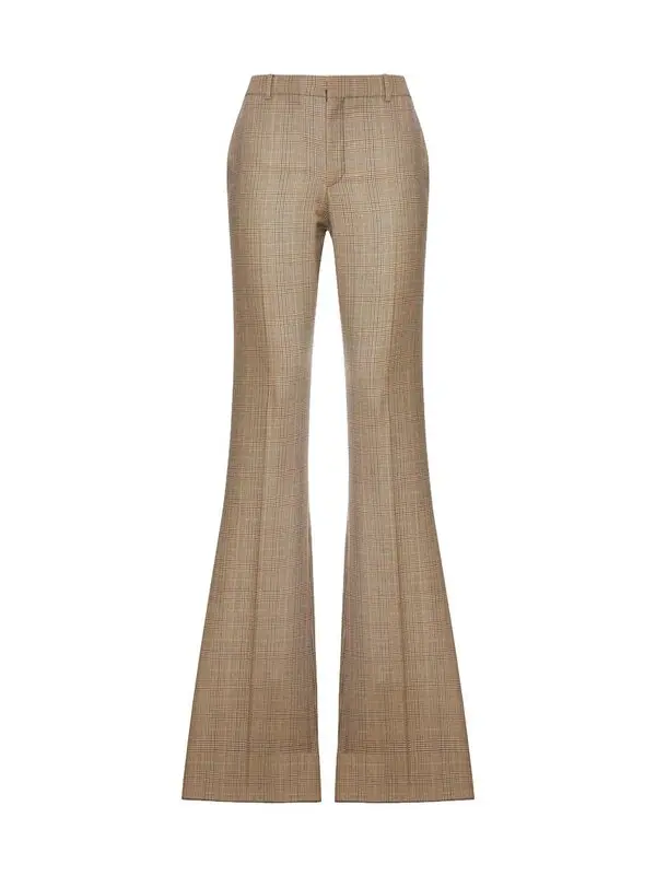 Saint Laurent Prince Of Wales Flared Trousers In Prince Of Wales Houndstoned Wool - Brown