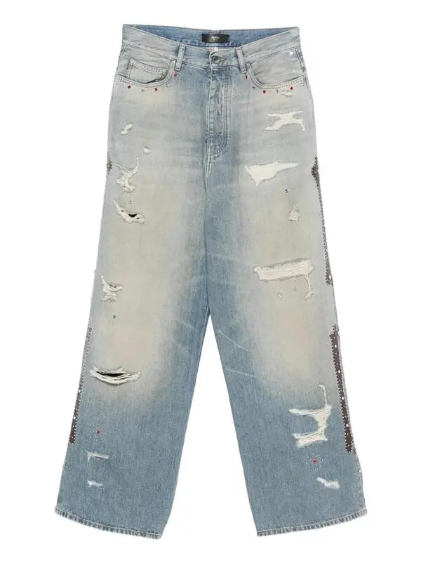 Amiri Studded Bones Appliqué Wide-leg Jeans - Blue