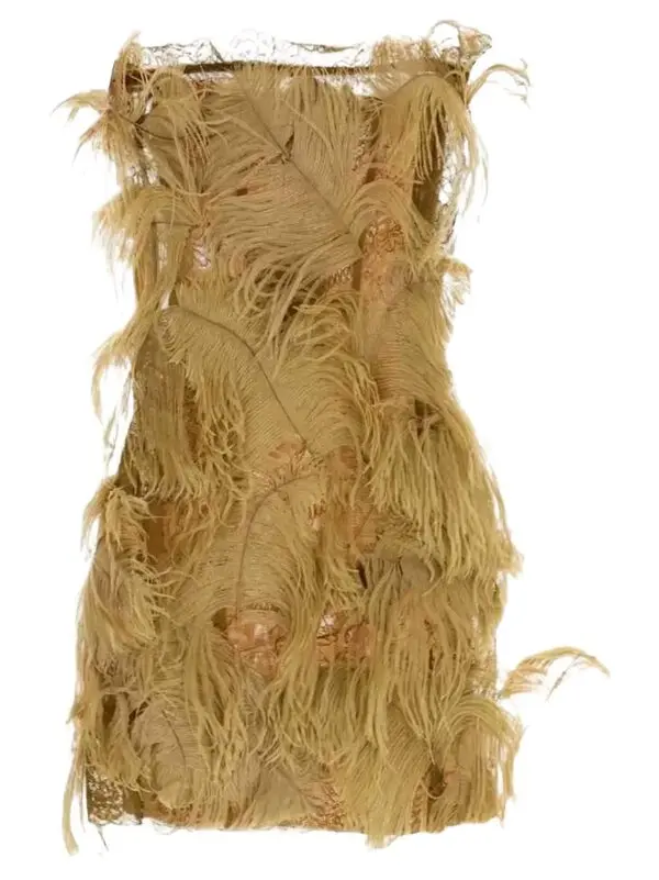 Attico Strapless Lace And Mesh Mini Dress With Fringe - Green