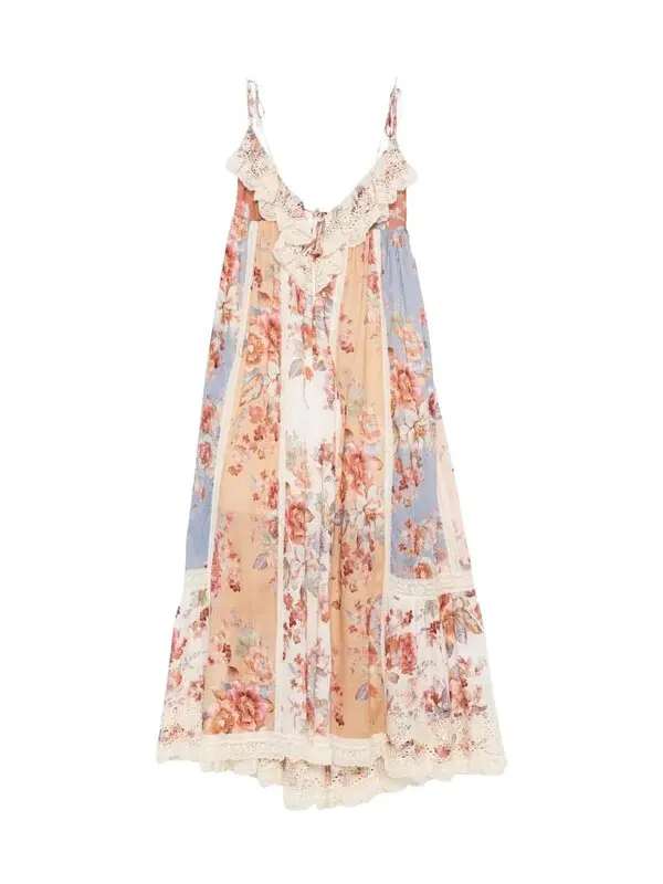 Zimmermann Floral Print Lace Trim Ruffled Spaghetti Strap Dress - Cream