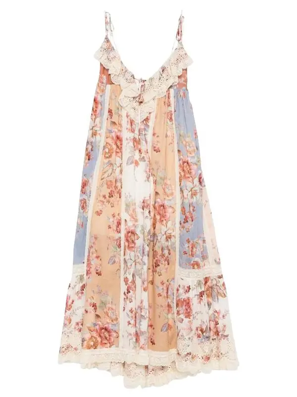 Zimmermann Floral Print Lace Trim Ruffled Spaghetti Strap Dress - Cream