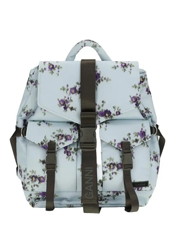 GANNI Re-tech Nylon Backpack With Floral Pattern - Blue