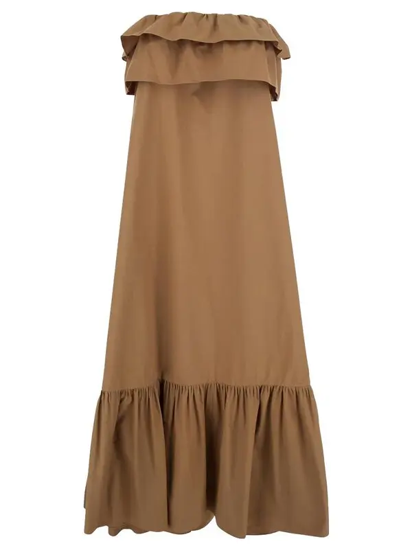 Saint Laurent Long Cotton Dress With Bustier Neckline And Ruffled Skirt - Multicolor