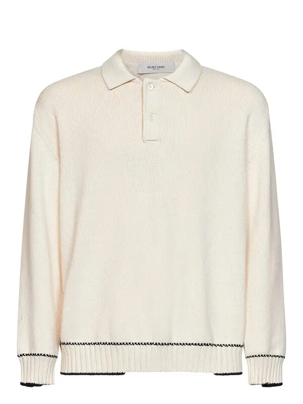 GOLDEN GOOSE White Cotton Knit Polo Shirt With Print - Multicolor
