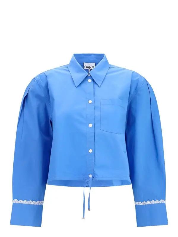 GANNI Cotton Shirt With Lace Details - Blue
