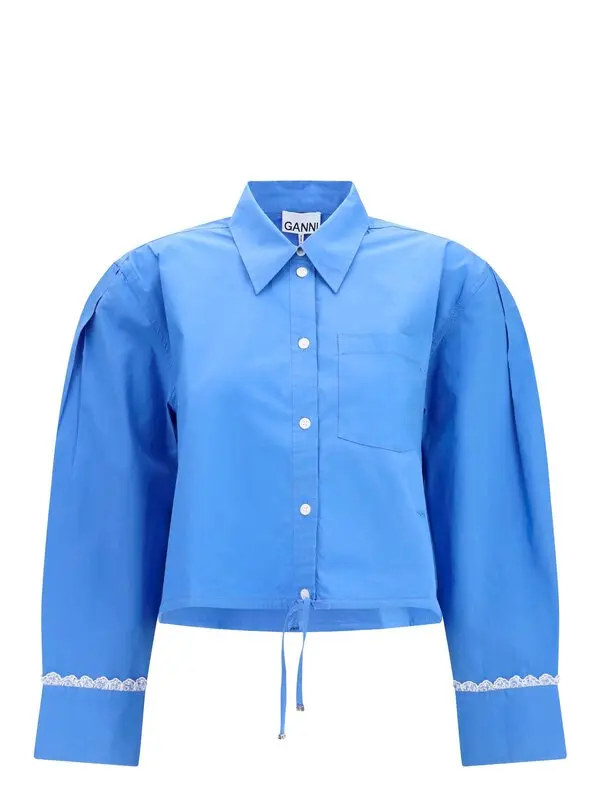 GANNI Cotton Shirt With Lace Details - Blue