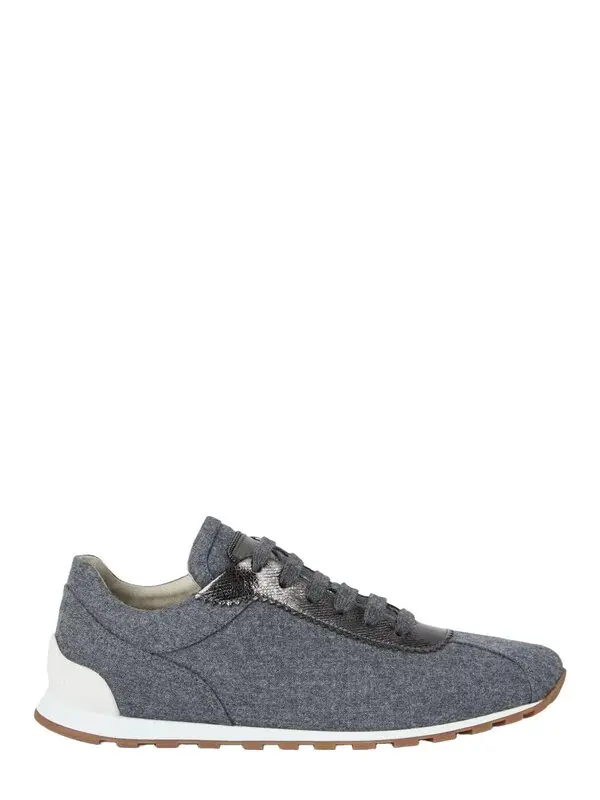 Brunello Cucinelli Virgin Wool Flannel And Lamé Calfskin Runners With Monili - Gray