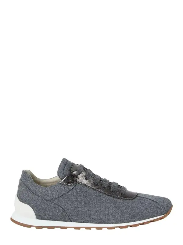Brunello Cucinelli Virgin Wool Flannel And Lamé Calfskin Runners With Monili - Gray