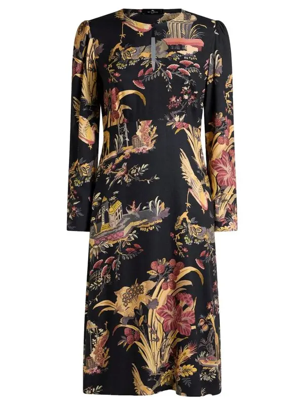 Etro Crepe Midi Dress With Flower And Animal Motif - Blue