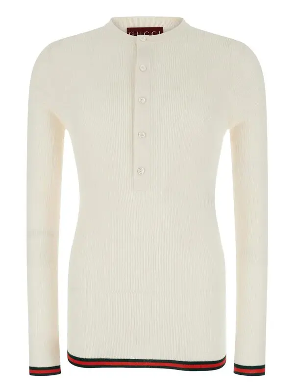 Gucci White Long Sleeved Top In Rib Silk - Multicolor
