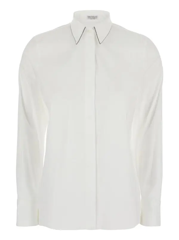 Brunello Cucinelli Shirt With Pointed Collar And Monile Detail White - Multicolor
