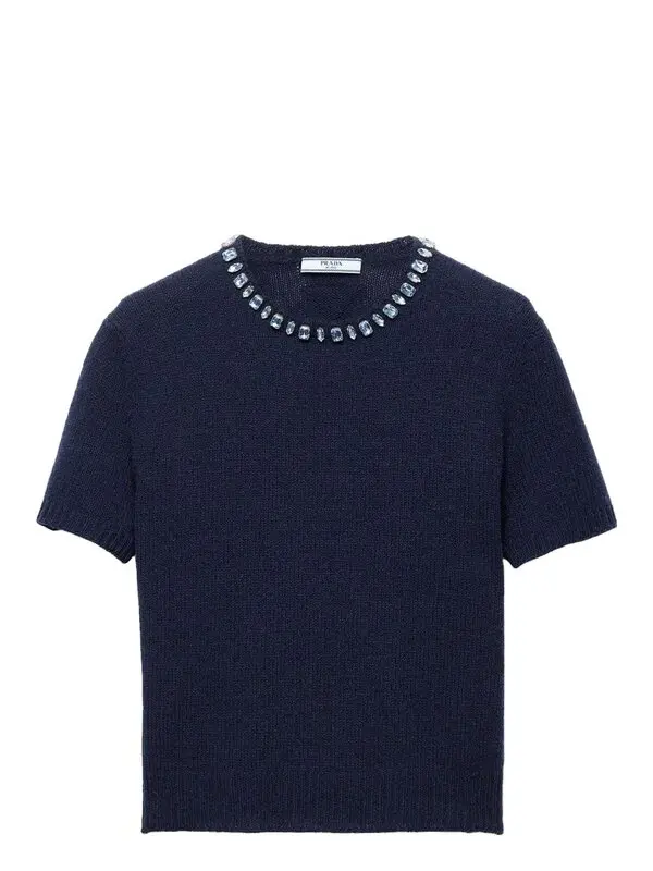 Prada Crew Neck Sweater In Virgin Wool And Cashmere With Applied Rhinestones - Blue