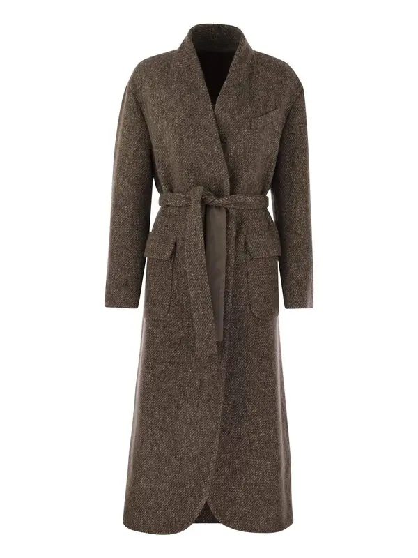 Brunello Cucinelli Wool And Cashmere Diagonal Mélange Coat With Belt And Necklace - Brown