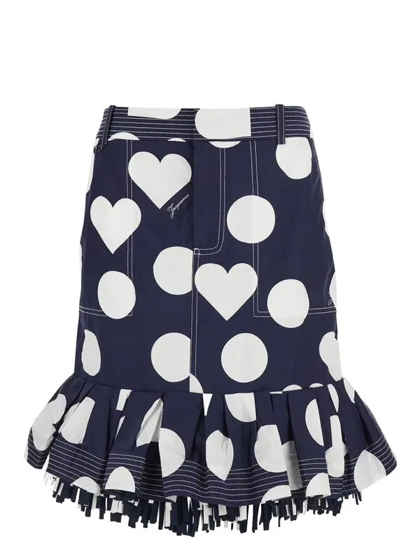 Jacquemus La Jupe Cabana' Blue Skirt With Hearts Polka Dot Motif And Fringed Hem In Cotton - Multicolor