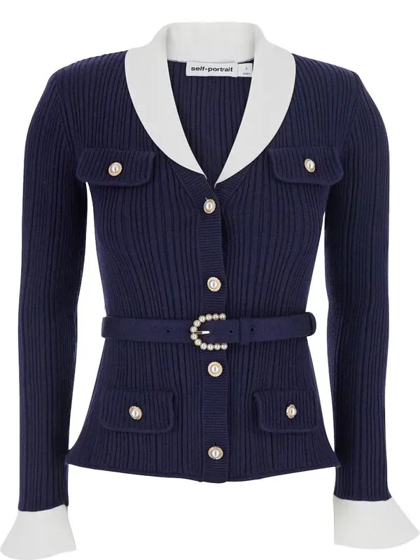 SELF-PORTRAIT Blue Cardigan With Ribbed Texture And Long Sleeves In Fabric And Cotton - Multicolor