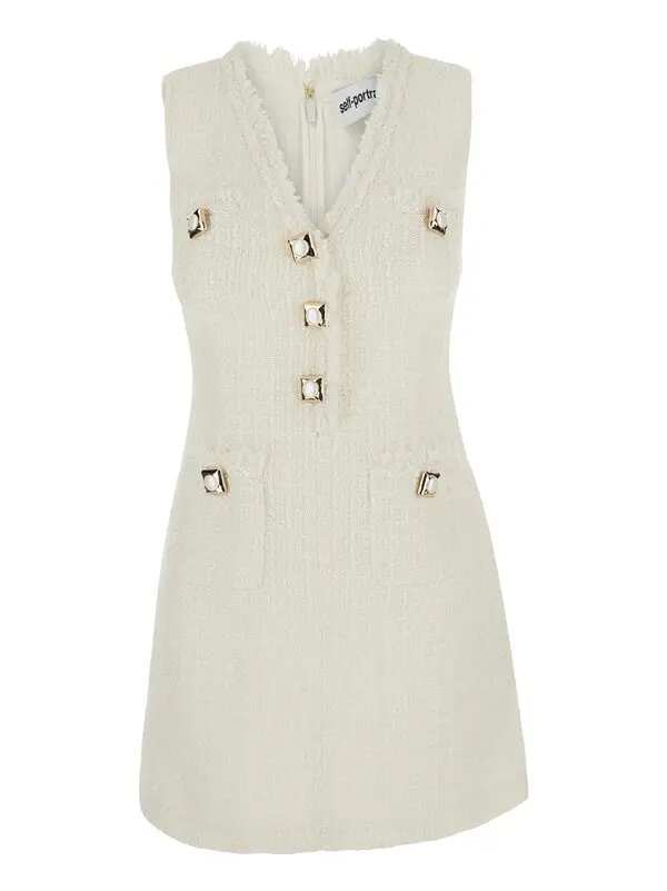 SELF-PORTRAIT White Sleeveless Mini Dress With V-neck And Jewel Buttons In Tech Fabric For - Multicolor