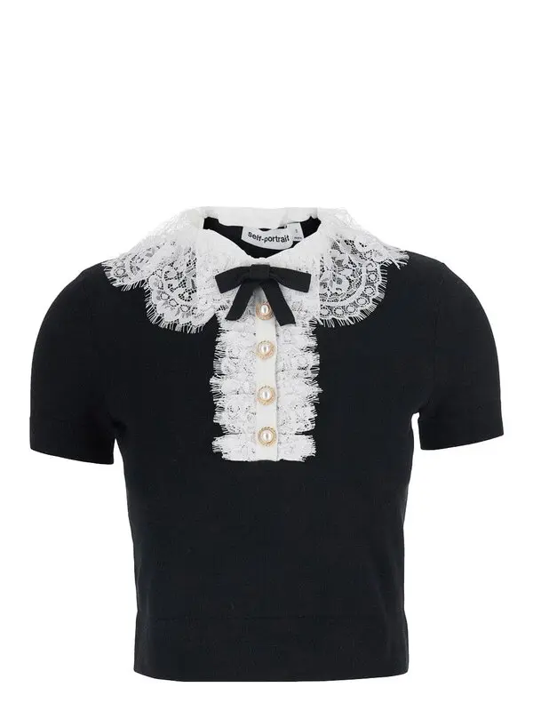 SELF-PORTRAIT Black Top With Collar With Lace Details In Wool For - Multicolor
