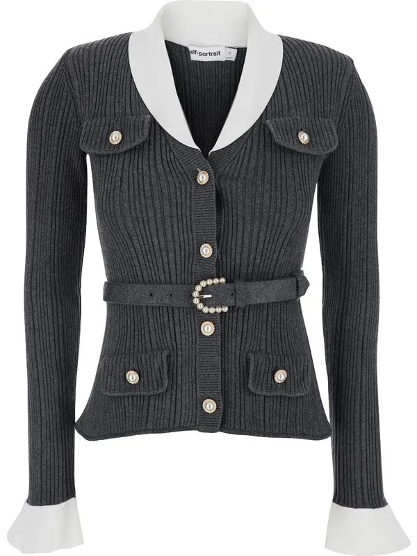 SELF-PORTRAIT Grey Cardigan With Ribbed Texture And Long Sleeves In Fabric And Cotton - Multicolor