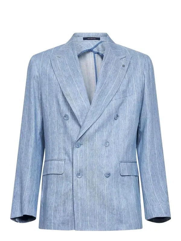 Tagliatore Light Blue Pinstriped Linen Blend New York Double-breasted Blazer - Multicolor