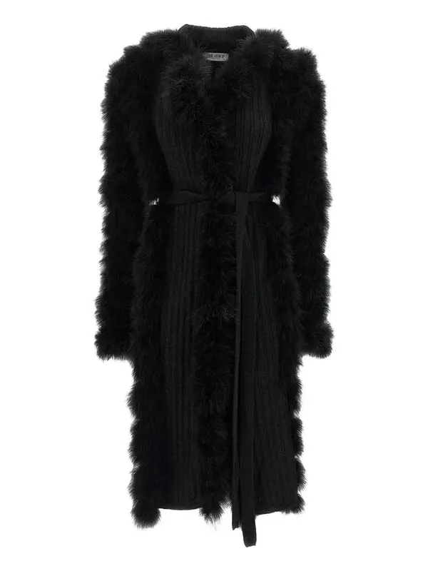 Attico Knitted Coat With Belt And Feather-effect Trim - Black