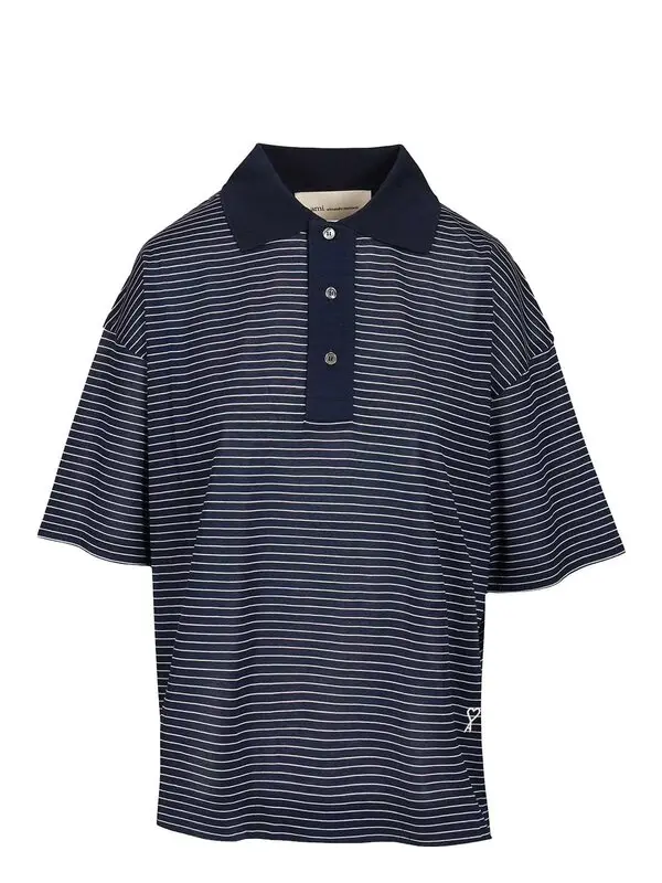 AMI Paris Striped Boxy Fit Polo With De Coeur Patch - Blue